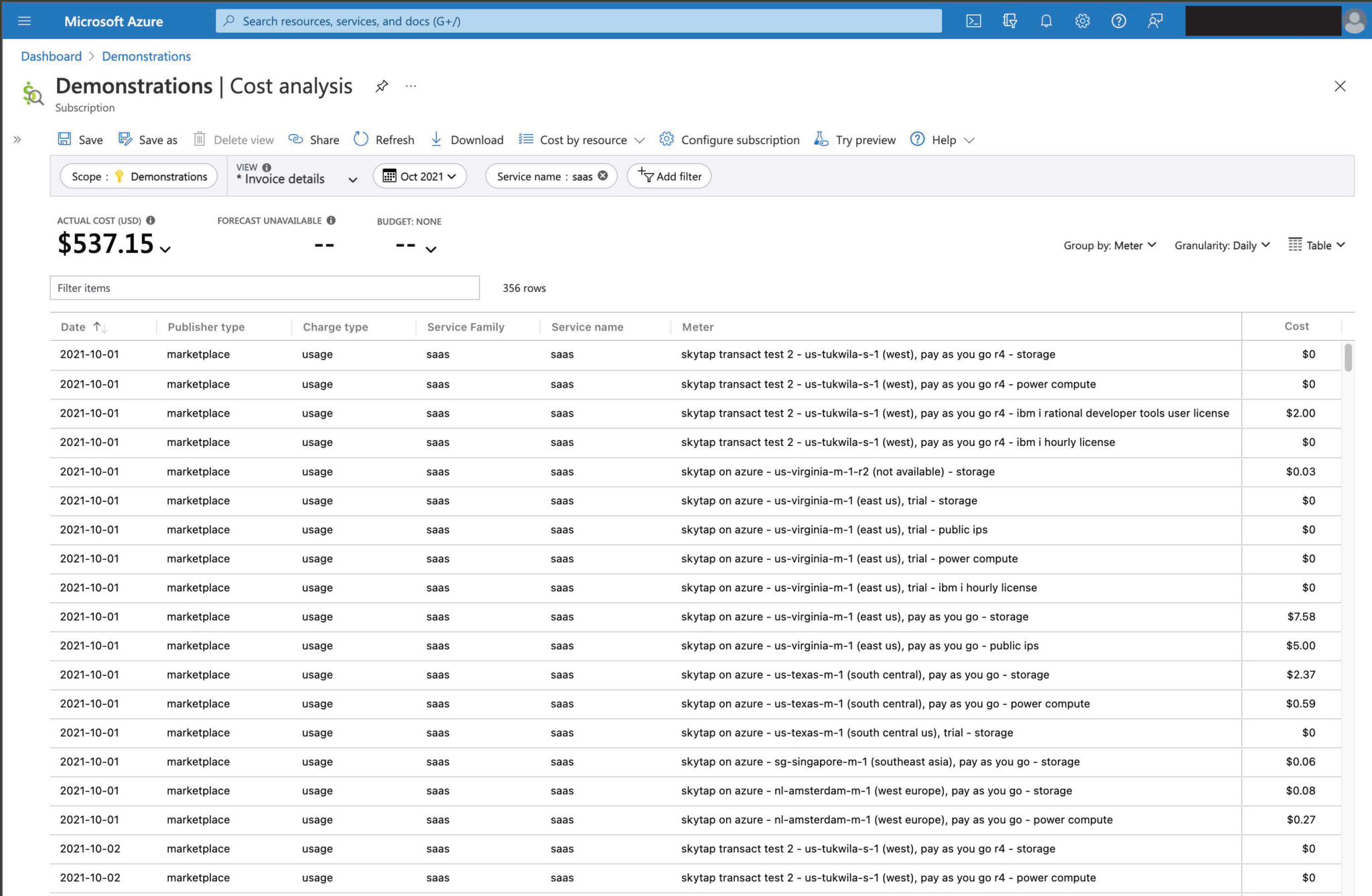 Using Azure billing to view Skytap on Azure costs
